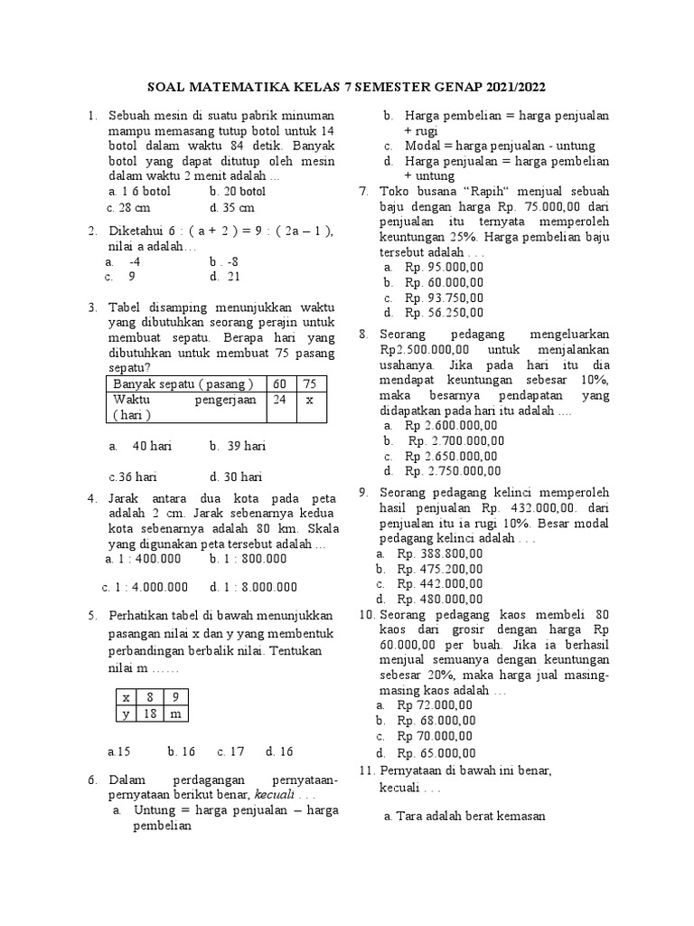 Soal Pas Genap Kelas 7 MTK | PDF
