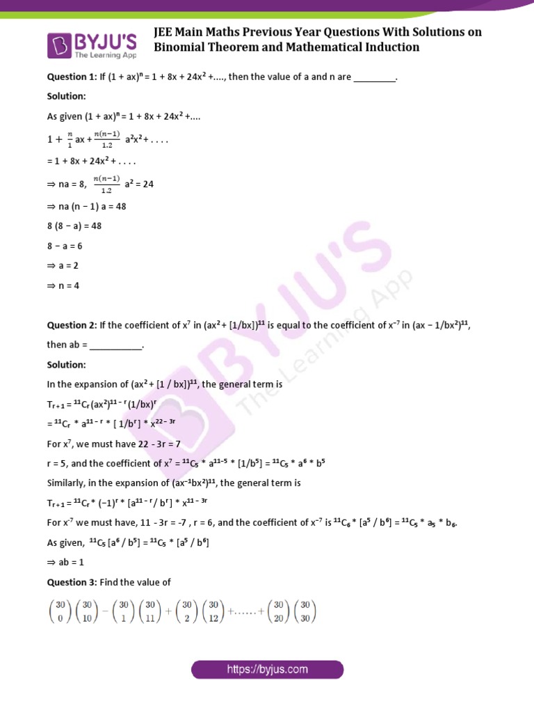 JEE Main Maths Previous Year Questions With Solutions On Binomial Theorem and Mathematical ...