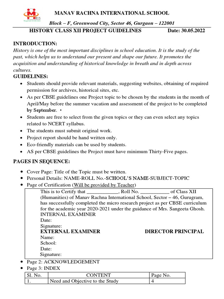 Class 12 History Project Guidelines | PDF