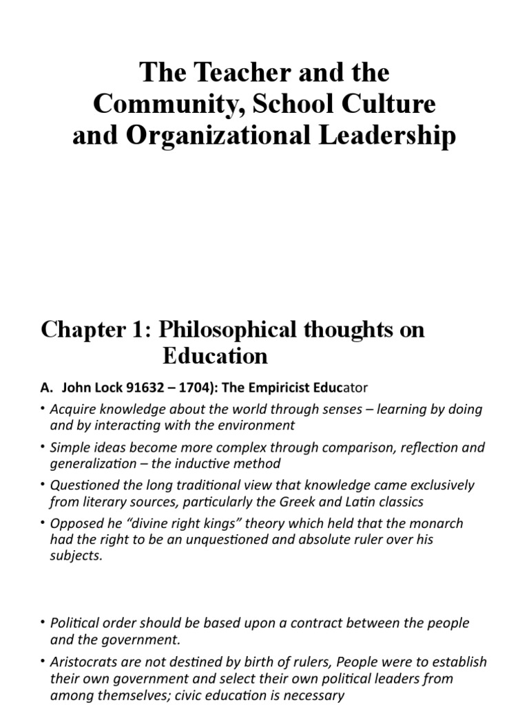 CHAPTER 1 The Teacher and The Community The School Culture and ...