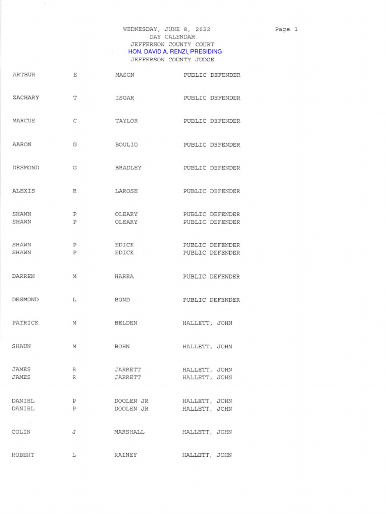 Jefferson County Court Calendar June 8, 2022 | PDF