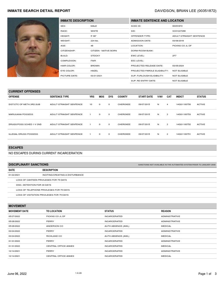 Inmate Search Detail Report: Inmate Description Inmate Sentence and ...