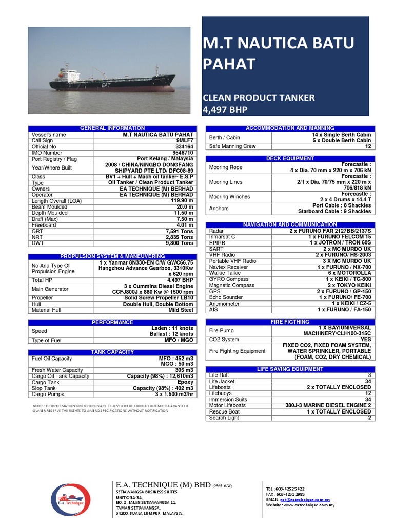 M.T Nautica Batu Pahat: Clean Product Tanker 4,497 BHP | PDF | Marine Propulsion | Oil Tanker