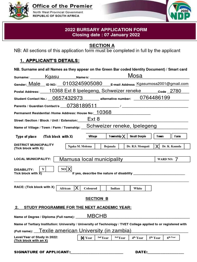 North West Provincial Government Bursary Application Form 2022 | PDF