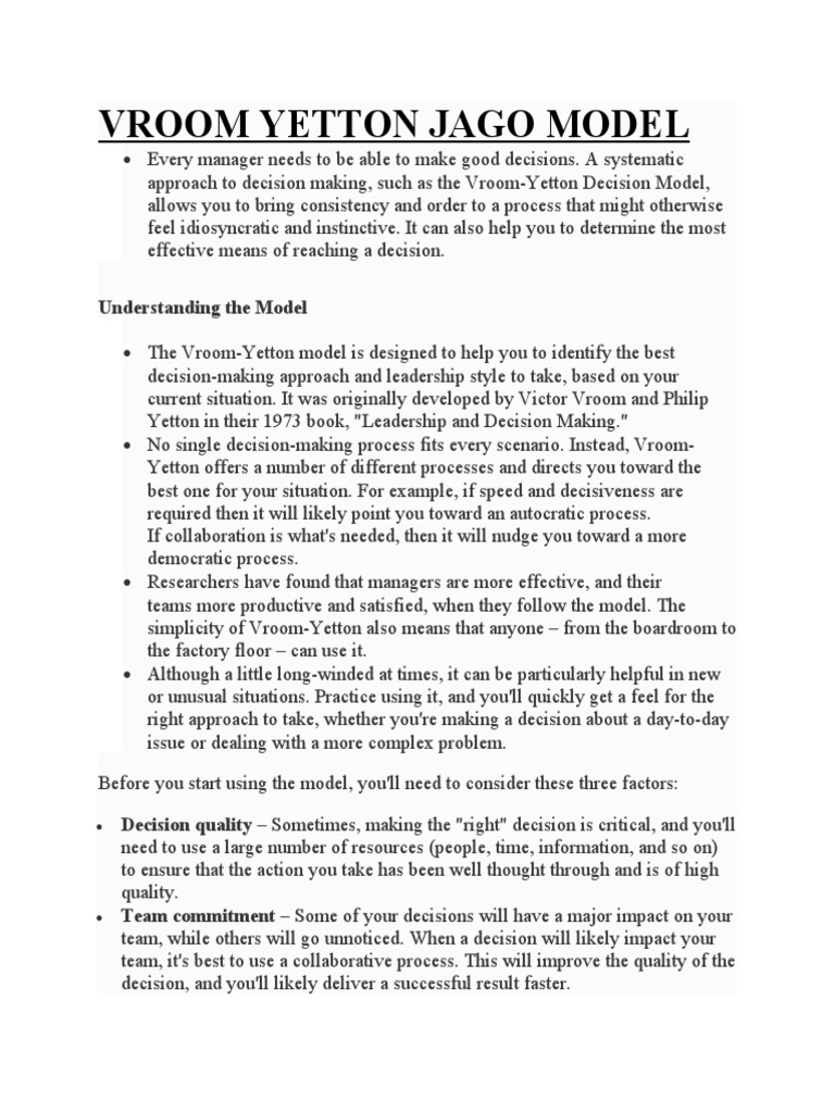 Vroom Yetton Jago Model | PDF | Decision Making | Leadership
