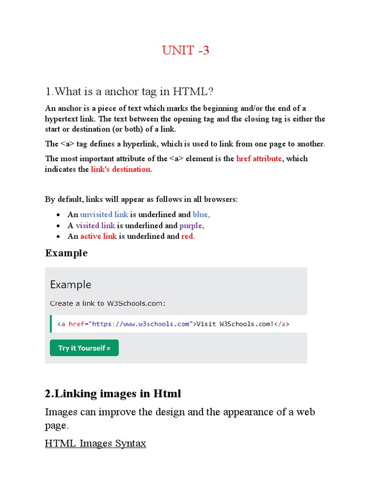 Unit - 3: 1.what Is A Anchor Tag in HTML? | PDF | Hyperlink | Html Element