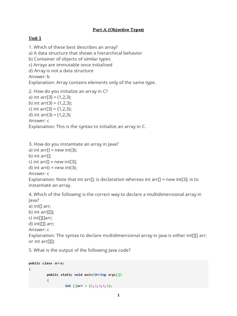 Part A (Objective Types) Unit 1: Array Main Args Arr | Download Free PDF | Matrix (Mathematics ...