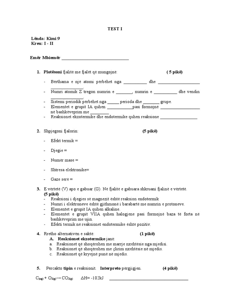 Kimia 9 - Test 1 | PDF