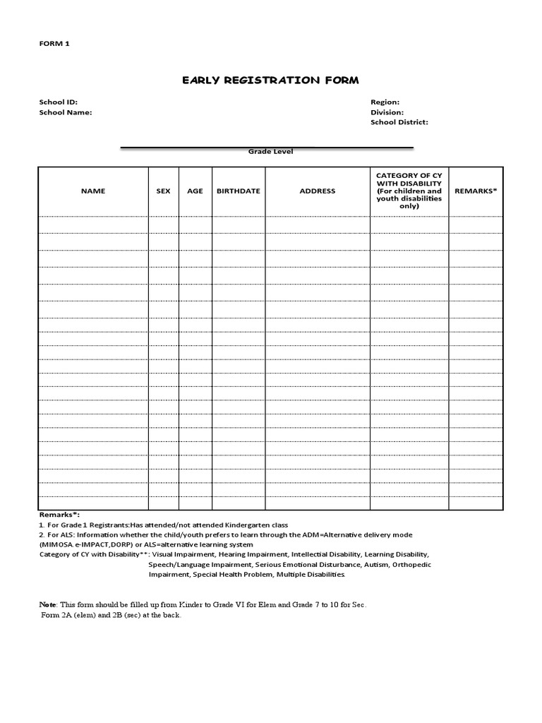 Early Registration Template | PDF | Disability | Special Education
