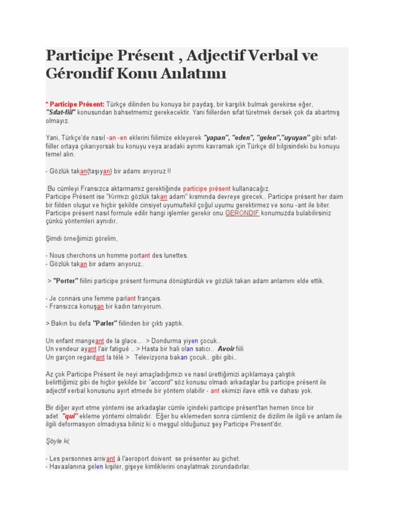Participe Présent, Adjectif Verbal Ve Gérondif Konu Anlatımı | PDF