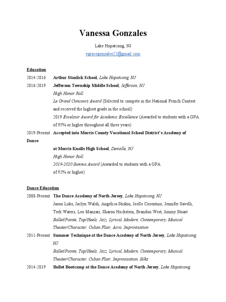 Vanessa Gonzales - Final CV | PDF | Performing Arts | Dances