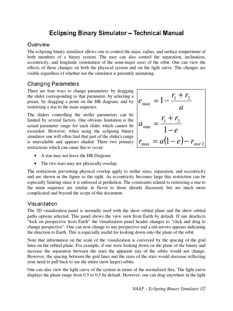 Eclipsing Binary Simulator - Technical Manual: A R R e | PDF | Stars ...