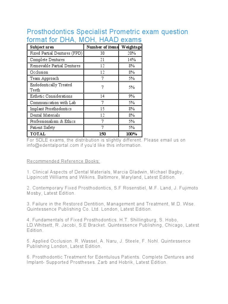 Prosthodontics Specialist Prometric Exam Question Format For DHA | PDF ...