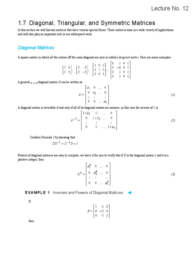 1.7 Diagonal, Triangular, and Symmetric Matrices | PDF | Matrix (Mathematics) | Theoretical Physics