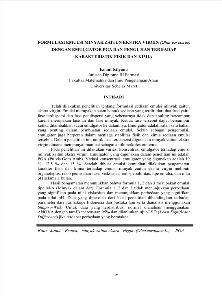 Dokumen - Tips Emulsi Minyak Zaitun Ekstra Virgin Olea Europaea Dengan Emulgator Pga | PDF