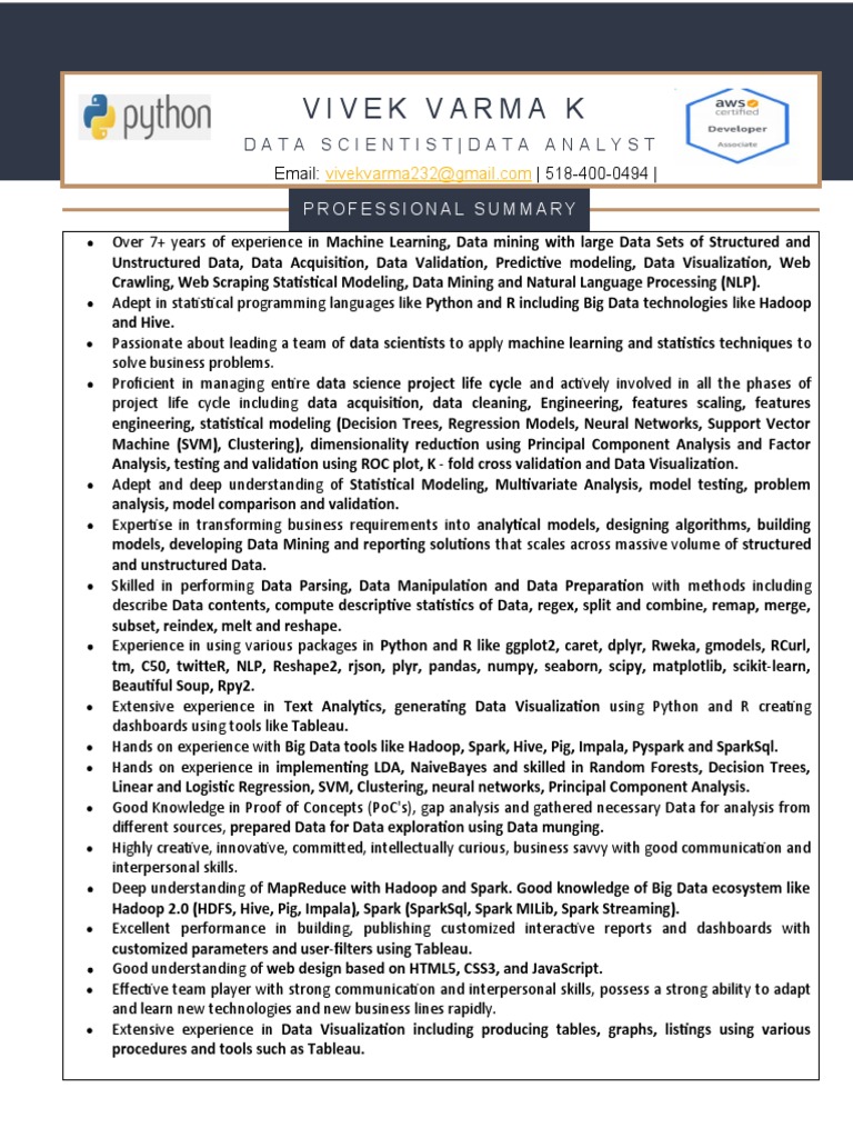 Vivek Varma K Data Scientist Data Analyst Pdf Machine Learning Microsoft Sql Server