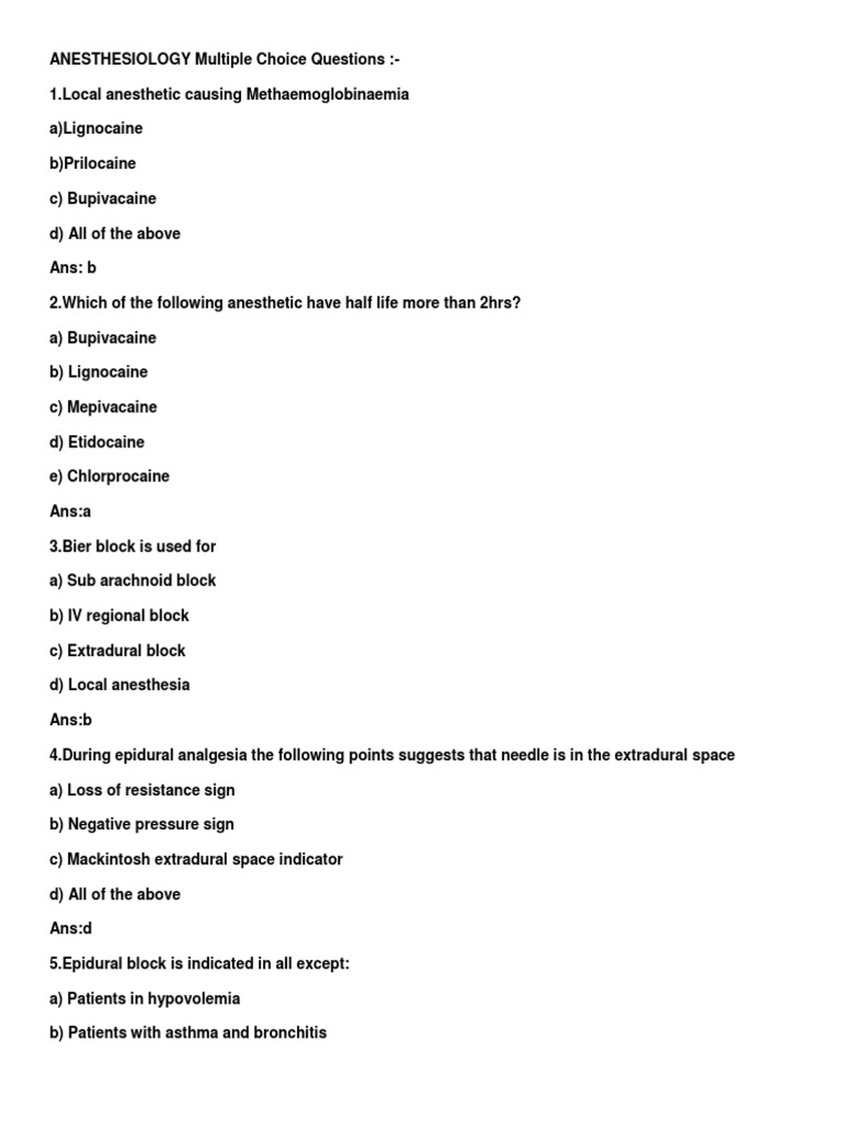 ANESTHESIOLOGY Multiple Choice Questions | PDF