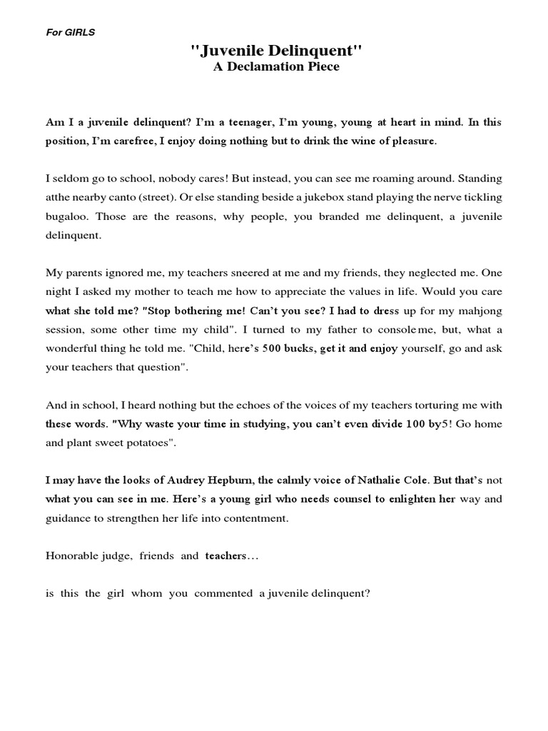 "Juvenile Delinquent": A Declamation Piece | PDF