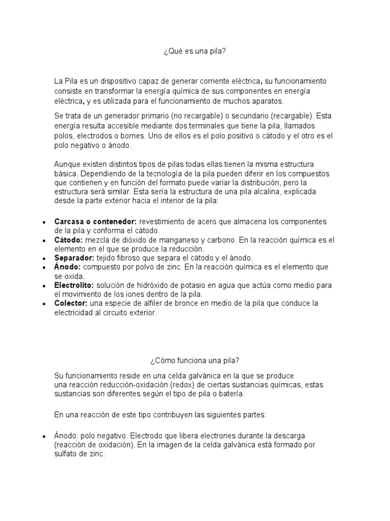 Funcionamiento y partes de una pila | PDF | Cátodo | Ánodo