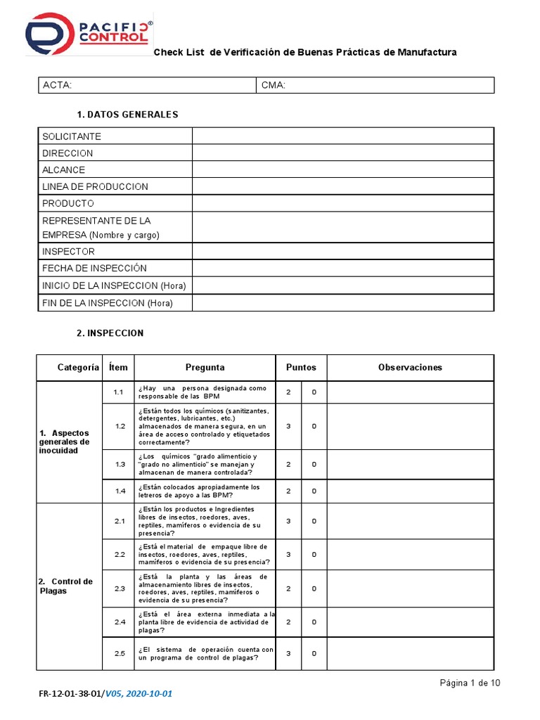 FR-12-01-38-01 Check List de Verif. de BPM V05 (01oct20) | PDF | Residuos