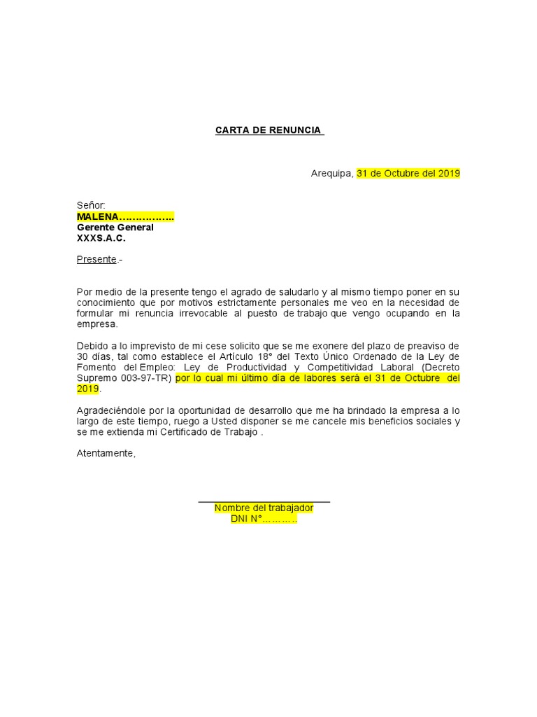 Carta De Renuncia Con Exoneración 30 Días Pdf