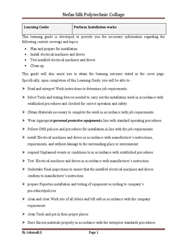 Nefas Silk Polytechnic Collage: Learning Guide Perform Installation ...
