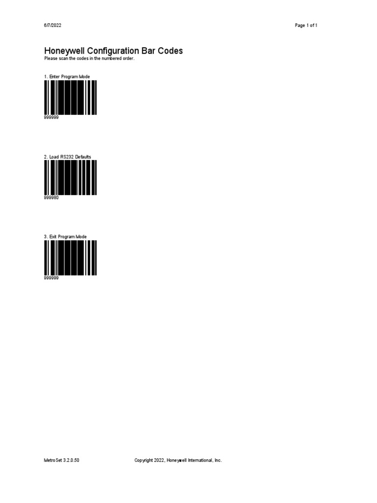Honeywell Configuration Bar Codes: 6/7/2022 Page 1 of 1 | PDF ...