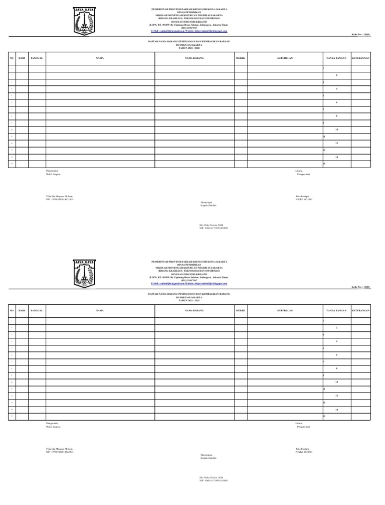 Daftar Nama Barang Peminjeman Dan Kembalikan Barang SMKN 65 Jakarta | PDF