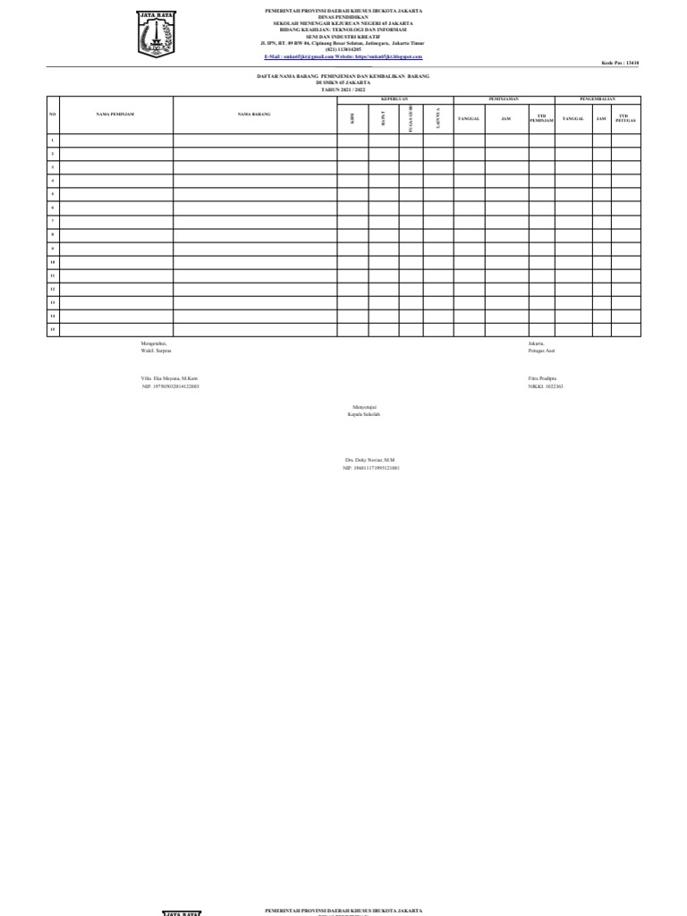 Daftar Peminjaman Barang SMKN 65 Jakarta | PDF