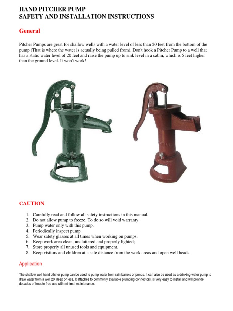 General: Hand Pitcher Pump Safety and Installation Instructions | PDF ...