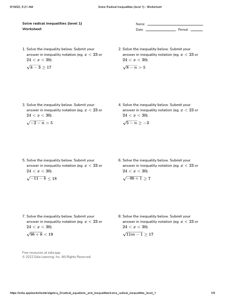 Solve Radical Inequalities (Level 1) - Worksheet | PDF
