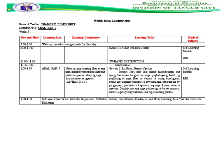 ARAL. PAN.-Weekly Home Learning Plan | PDF