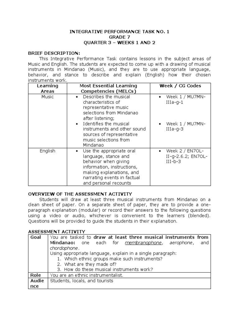 INTEGRATIVE PERFORMANCE TASK NO 1 - Grade 7 Music and English | PDF ...