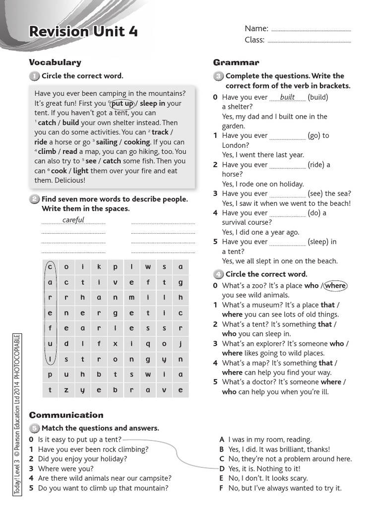 Revision Unit 4: Name: Class: Grammar Vocabulary | PDF