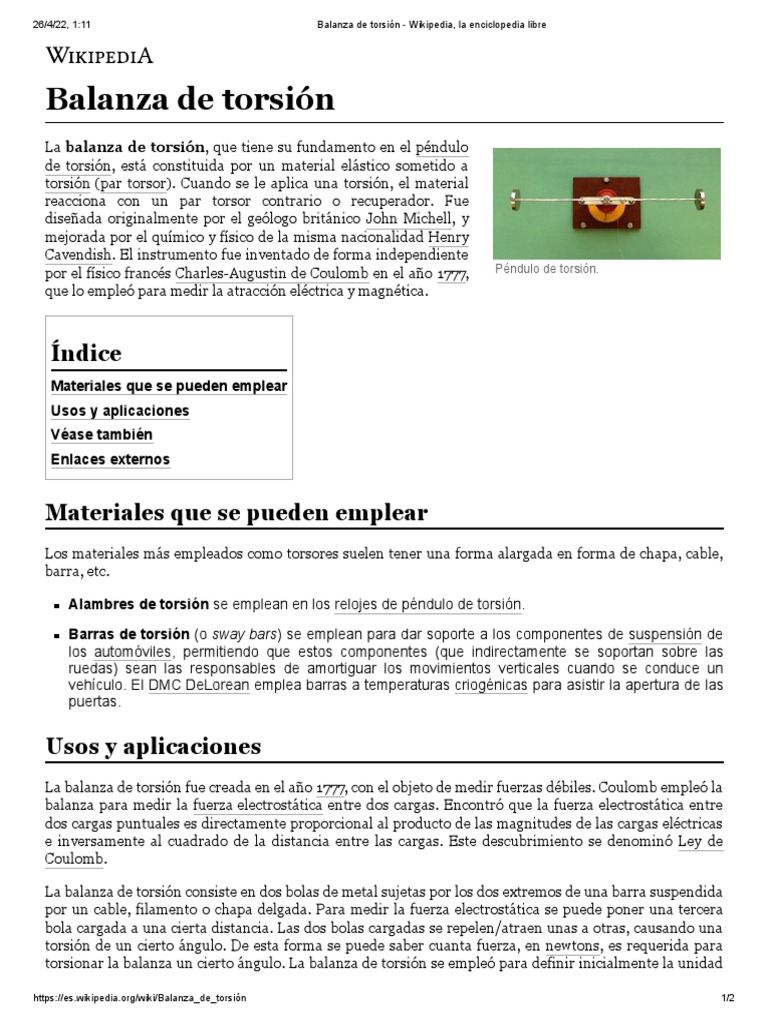 Balanza de Torsión - Wikipedia, La Enciclopedia Libre | PDF | Fuerza ...