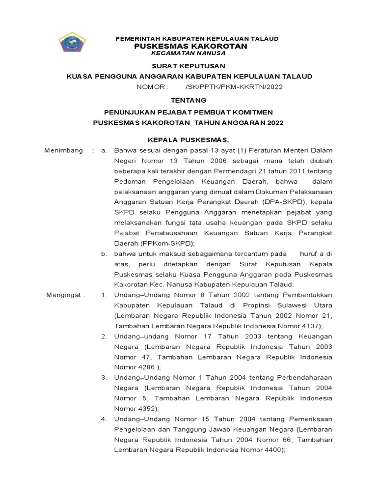 Penunjukan PPK Puskesmas Kakorotan 2022 | PDF