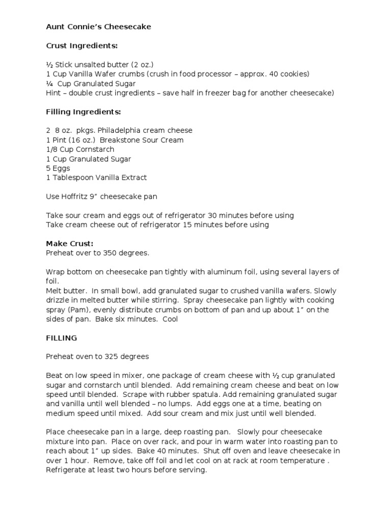 Aunt Connie's Cheesecake Recipe | PDF | Cooking, Food & Wine