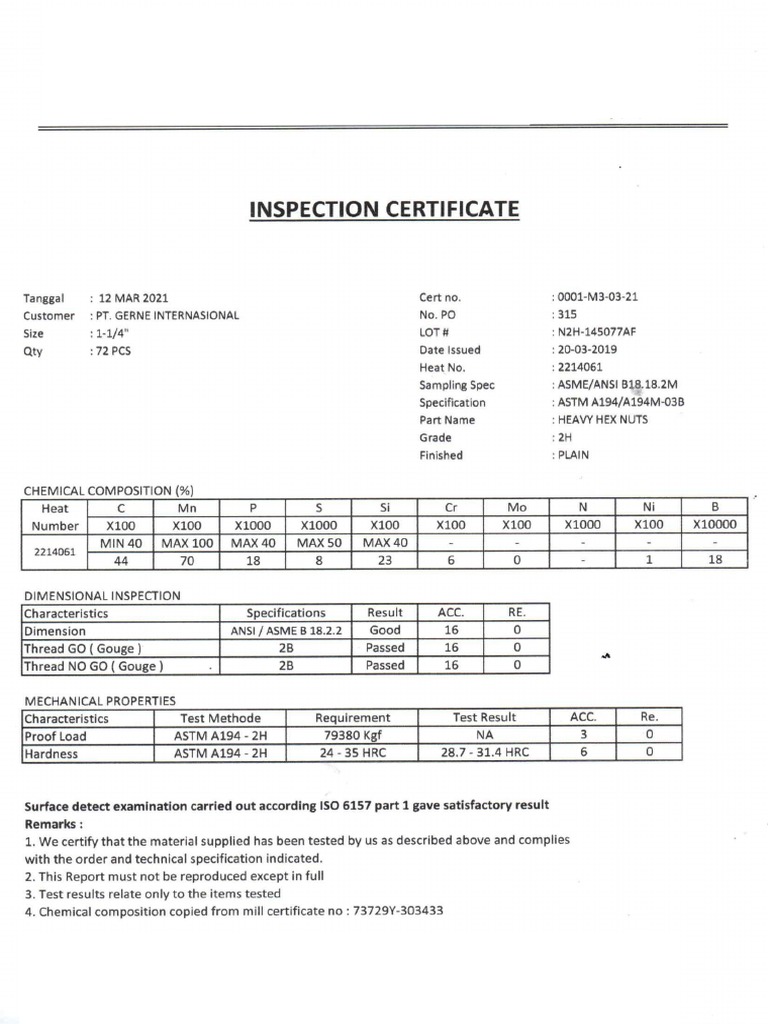 Certificate Hex Nut 1 1per4 2H | PDF