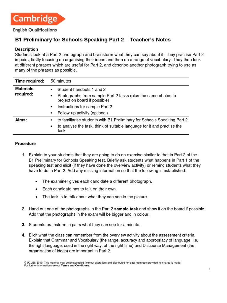 B1 Preliminary For Schools Speaking Part 2 - Teacher's Notes | PDF ...