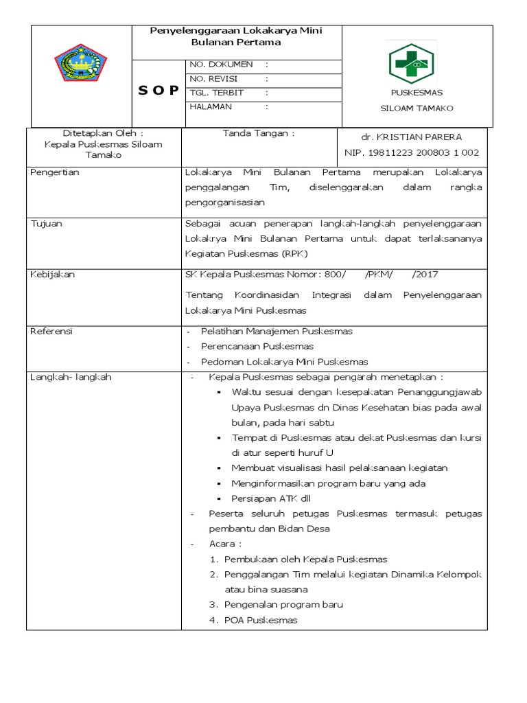 SOP Penyelenggaraan Lokakarya Mini Bulanan Pertama | PDF