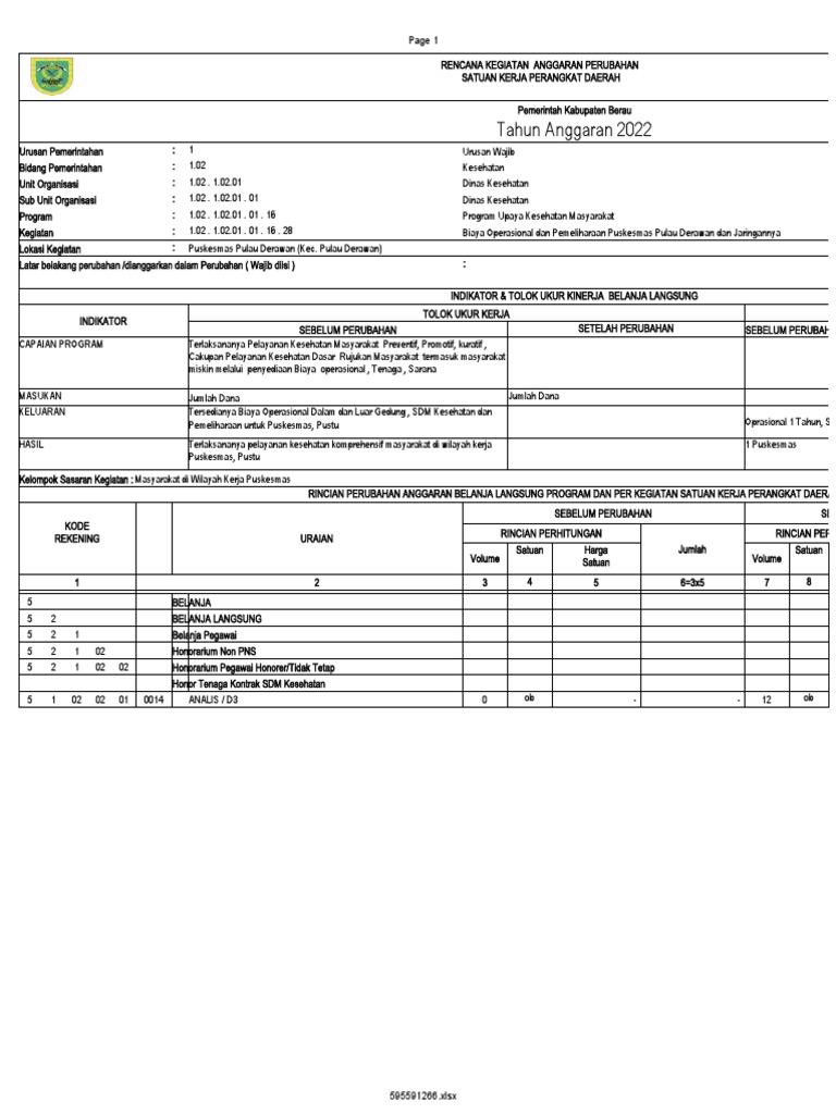 Format Apbd Rka Abt PKM Tanjung Redeb Fix | PDF