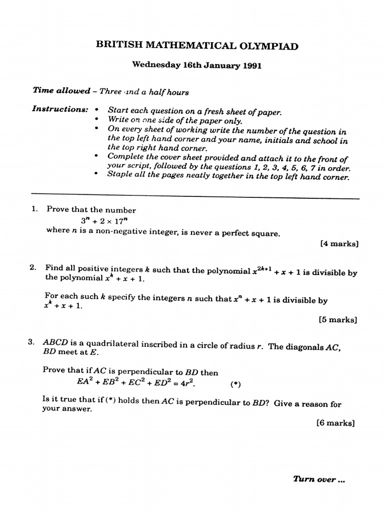 UKMT - BMO Round 1 - British Mathematical Olympiad 1991 | PDF
