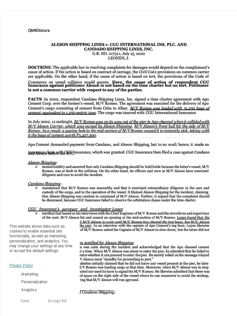 PDF Aleson Shipping Lines - Compress | PDF | Legal Liability | Tort