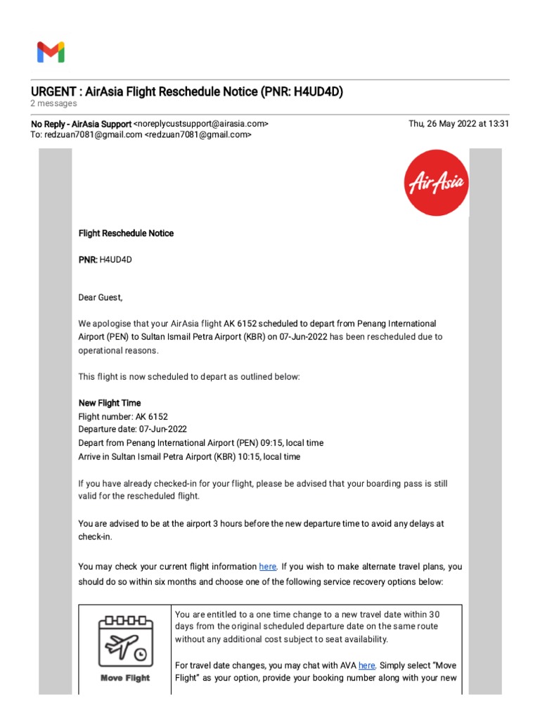 Gmail - URGENT - AirAsia Flight Reschedule Notice (PNR - H4UD4D) | PDF