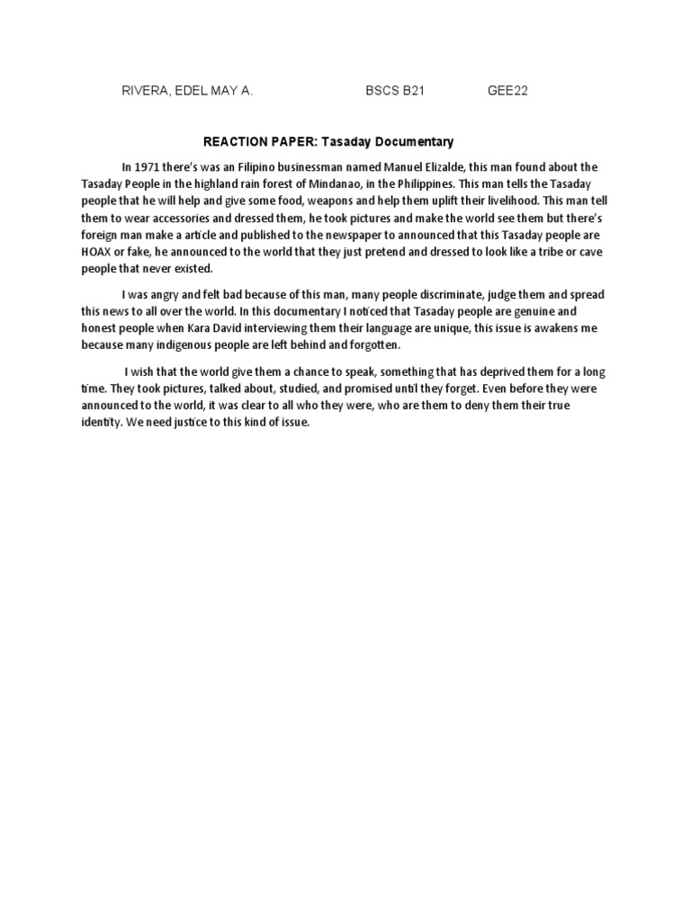 Tasaday Documentary Reaction Paper | PDF | Social Science | History