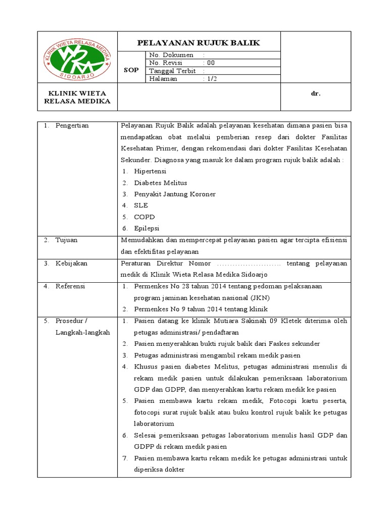 Spo Pelayanan Rujuk Balik | PDF