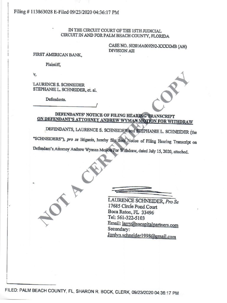 Notice of Filing Hearing Transcript Def's Counsel Mot. Withdraw (16 ...