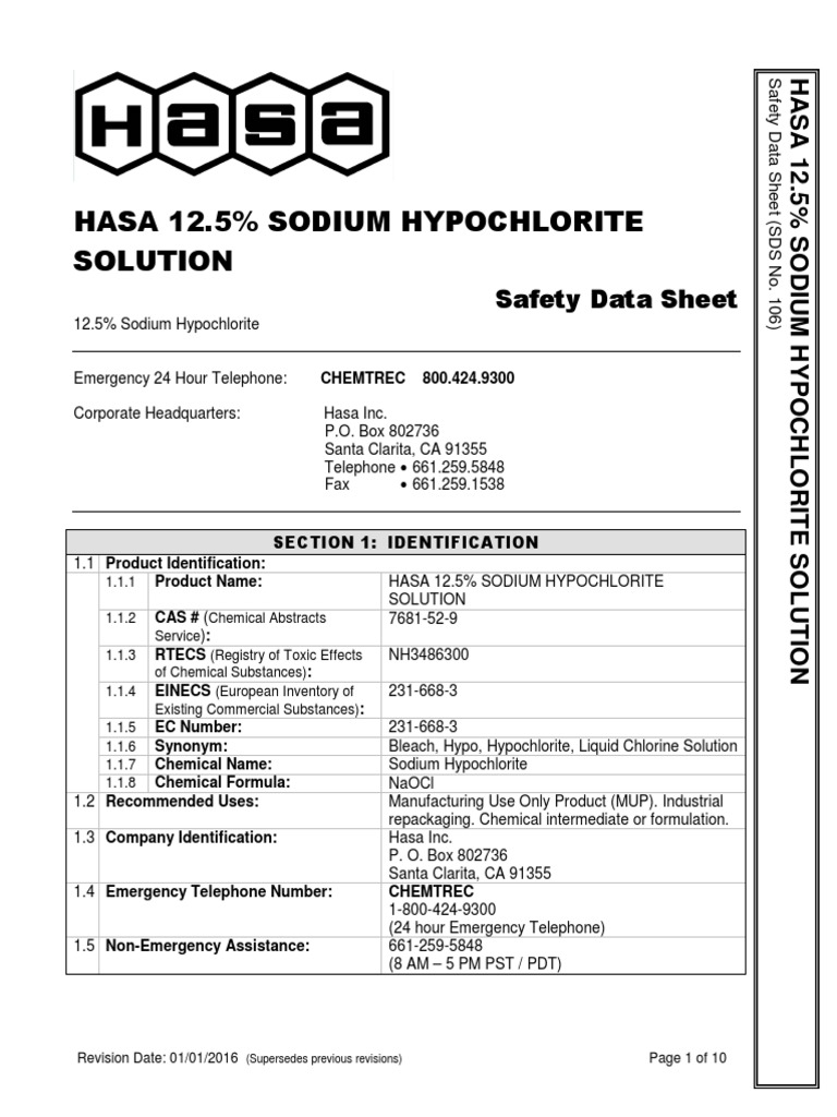 Hasa 12.5% Sodium Hypochlorite Solution: Safety Data Sheet | PDF | Toxicity | Chemistry