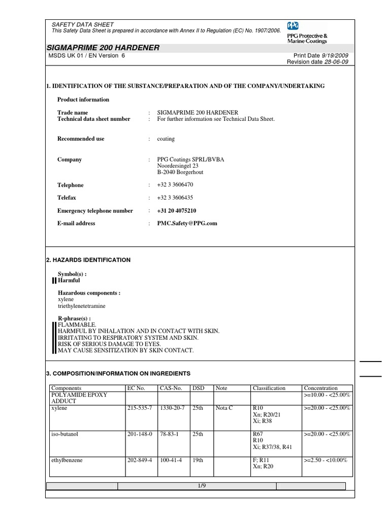 Sigma Prime Hardener 200 MSDS | PDF | Personal Protective Equipment ...