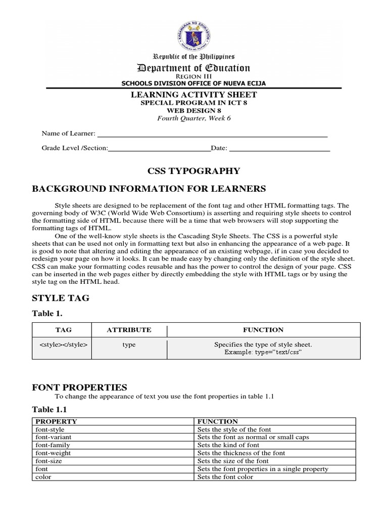 Css Typography Background Information For Learners: Learning Activity ...